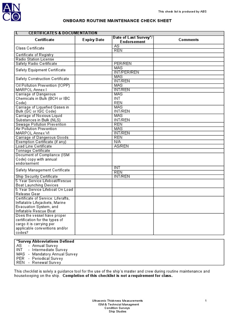Onboard Routine Maintenance Check Sheet | PDF | Oil Tanker | Compass