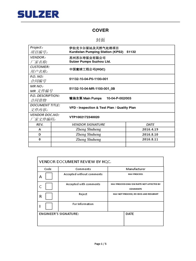 VTP1002172340020 0 VFD-Inspection & Test Plan Quality Plan | PDF ...