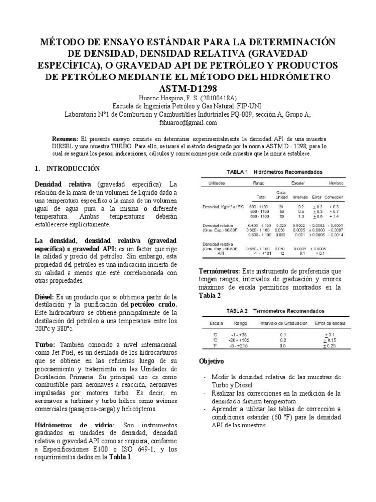 Prueba de Ensayo Astm D1298 Densidad Api | PDF | Petróleo | Densidad Prueba de Ensayo Astm D1298 Densidad Api | PDF | Petróleo | Densidad
