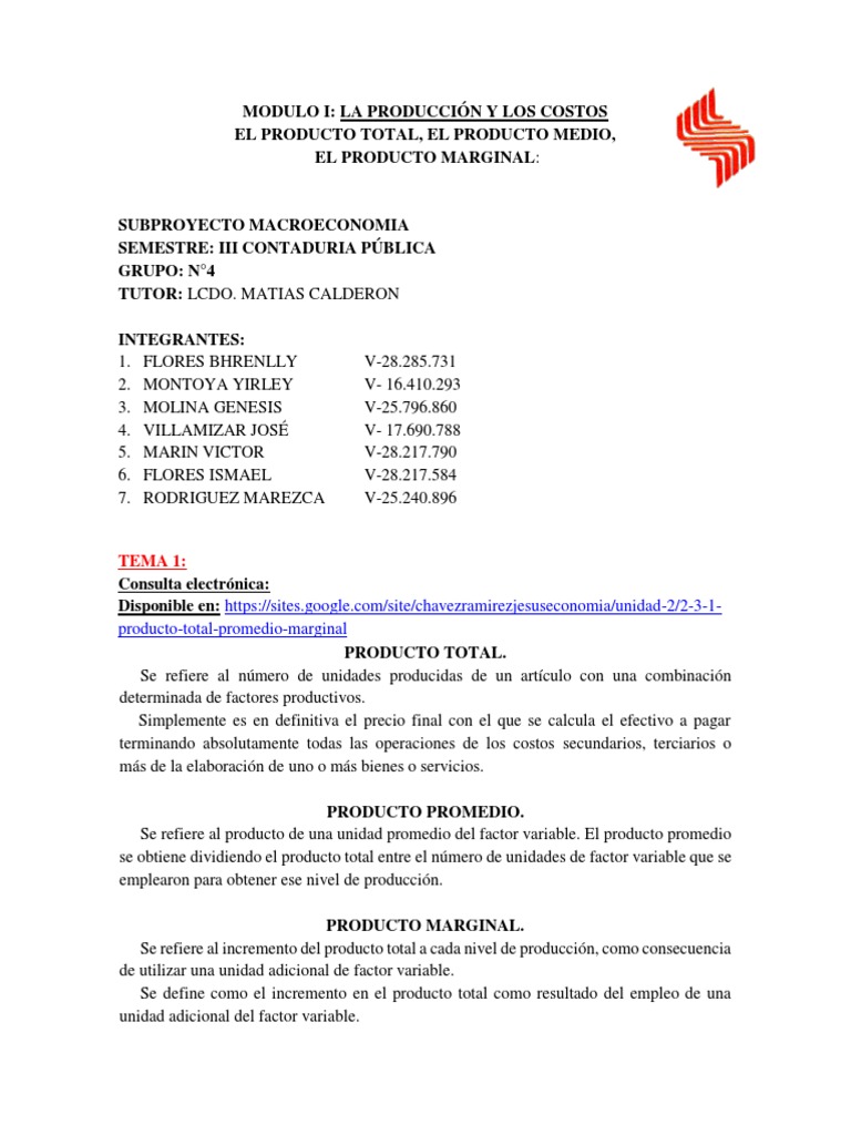 EL PRODUCTO TOTAL, EL PRODUCTO MEDIO y Marginal PDF | PDF | Pendiente ...