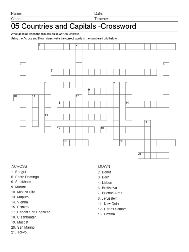 05 Countries and Capitals - Crossword | PDF
