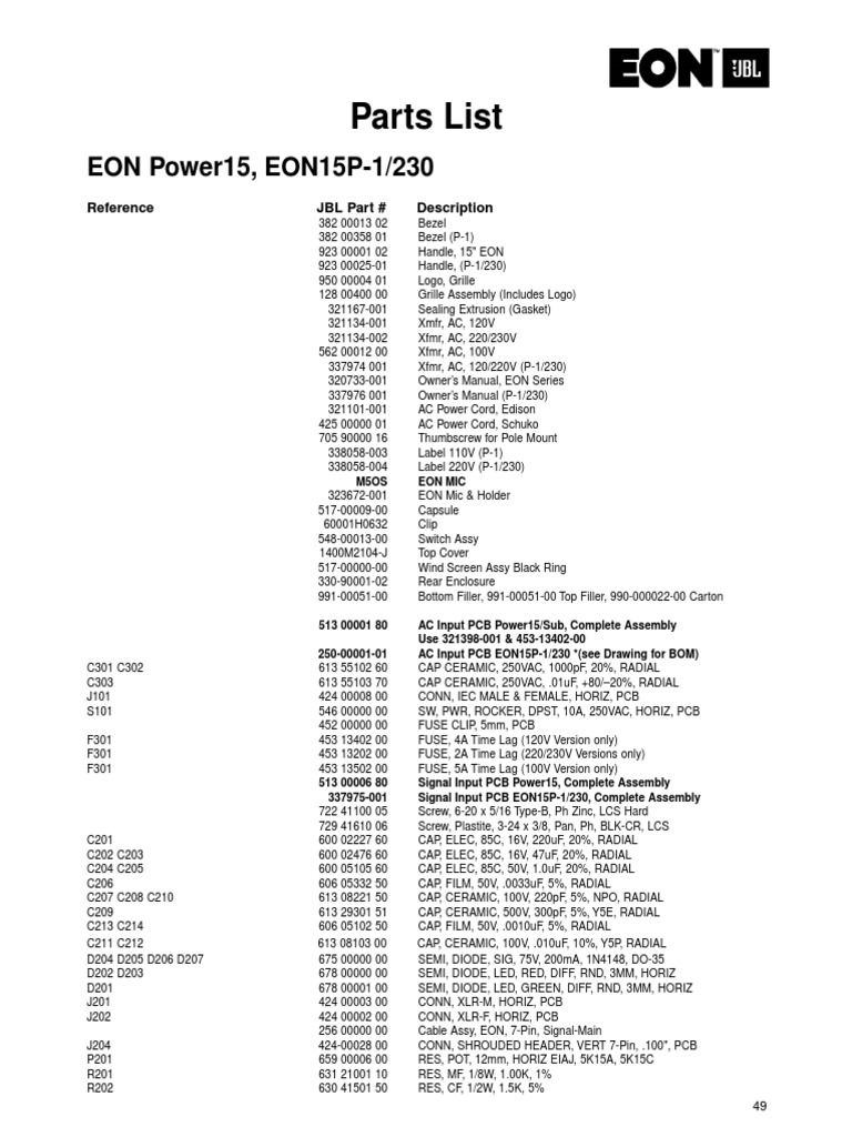 EON Power 15 Parts List | PDF | Semiconductors | Semiconductor Devices