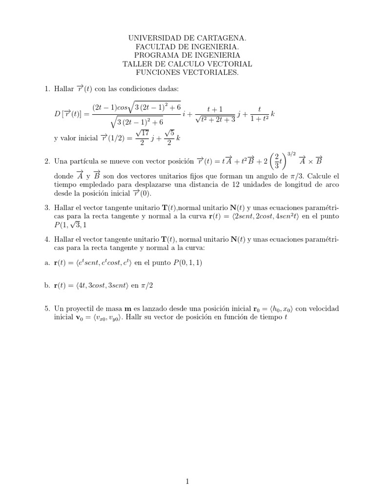 Taller de Calculo - Funciones Vectoriales. | PDF | Tangente | Vector Euclidiano