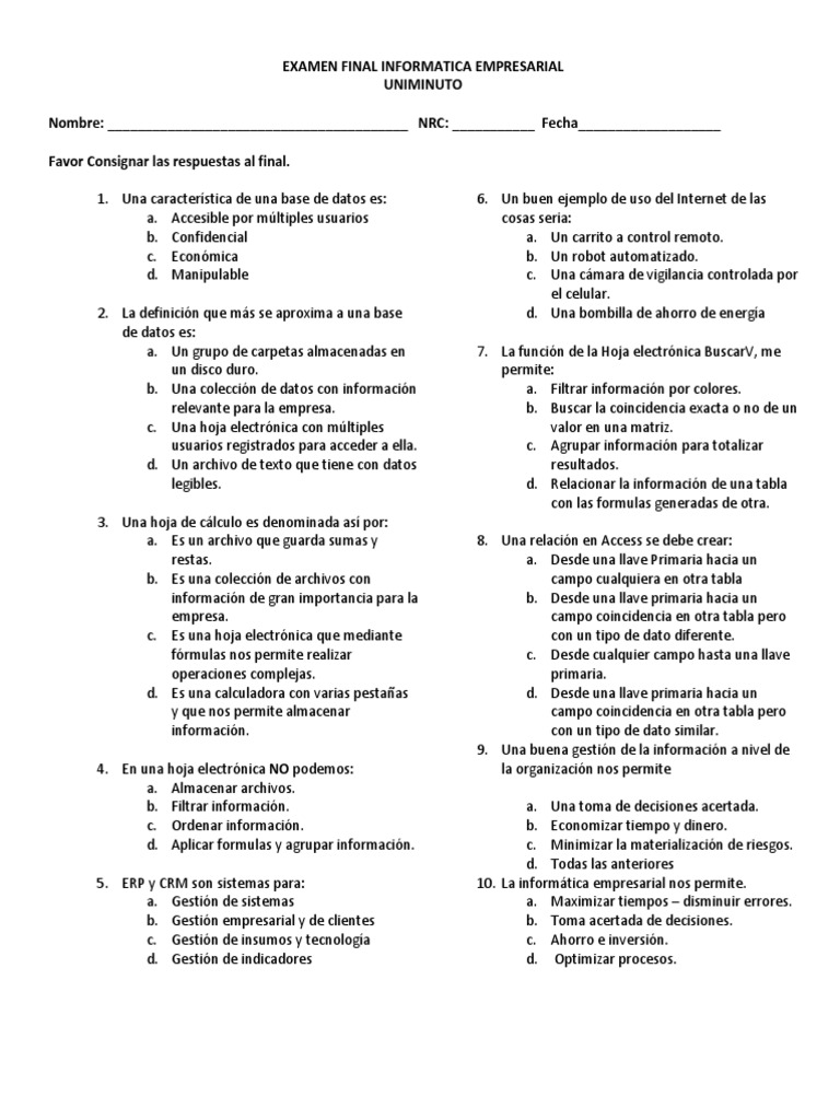 Examen Final Informatica Empresarial | PDF | Archivo de computadora ...