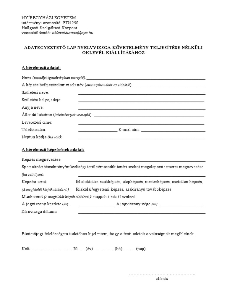 Kérelem Nyelvvizsga Nélküli Oklevél Kiadásához - MINTA | PDF