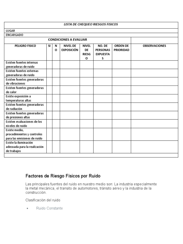 Lista de Chequeo Riesgos Fisicos | PDF | Temperatura | Humedad Lista de Chequeo Riesgos Fisicos | PDF | Temperatura | Humedad