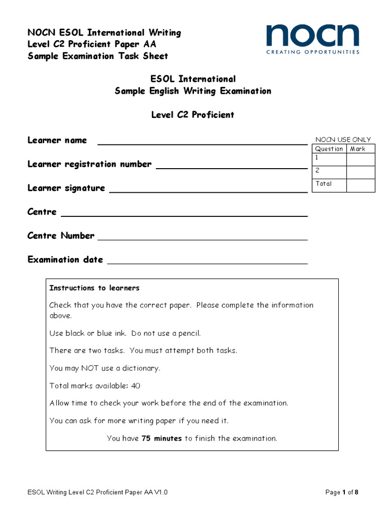 Instructions To Learners: Nocn Use Only Question Mark 1 2 Total | PDF ...