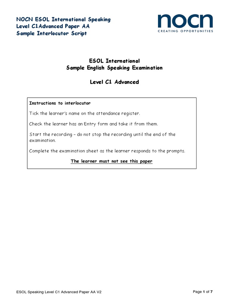 ESOL International Sample English Speaking Examination Level C1 ...