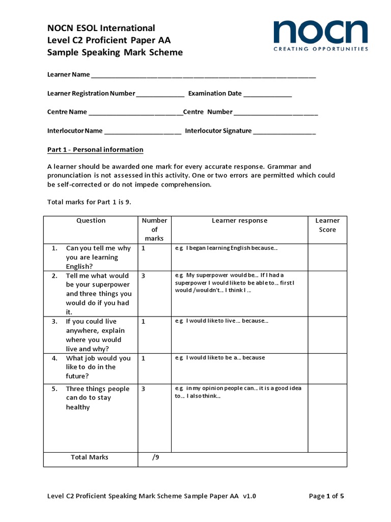 1 Speaking C2 Answer Mark Sample | PDF | Speech | English Language