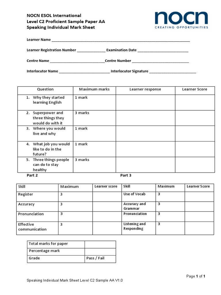 NOCN ESOL International Level C2 Proficient Sample Paper AA Speaking ...