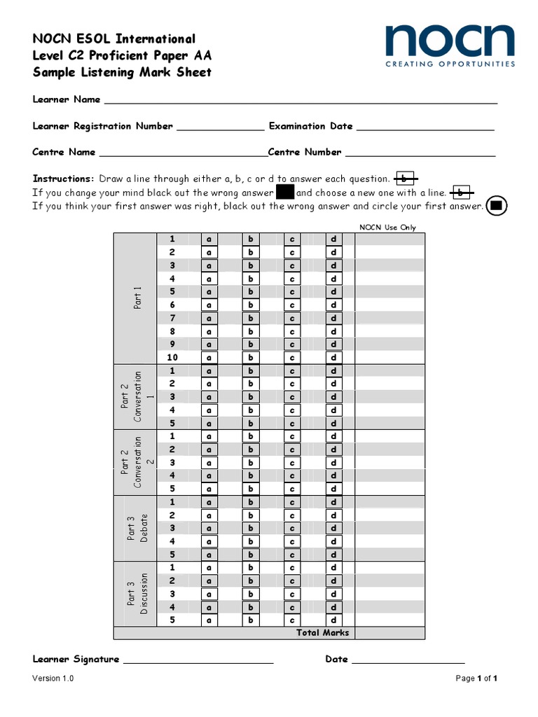 NOCN ESOL International Level C2 Proficient Paper AA Sample Listening Mark Sheet | PDF ...