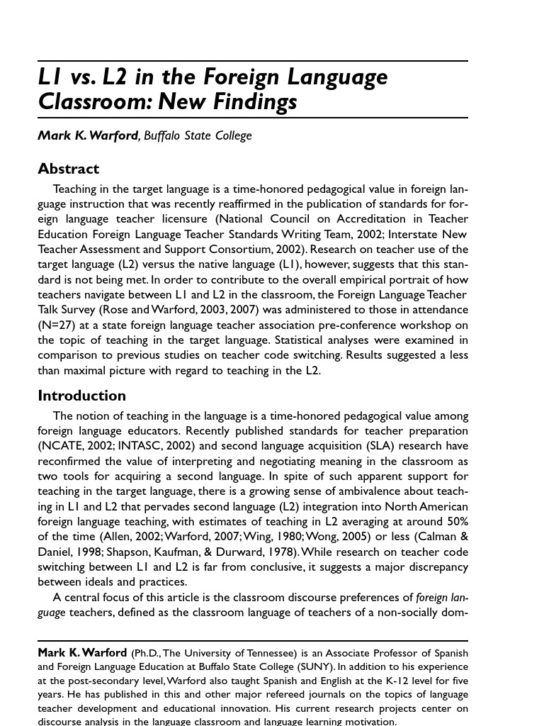 L1 vs. L2 in The Foreign Language Classroom: New Findings: Mark K ...