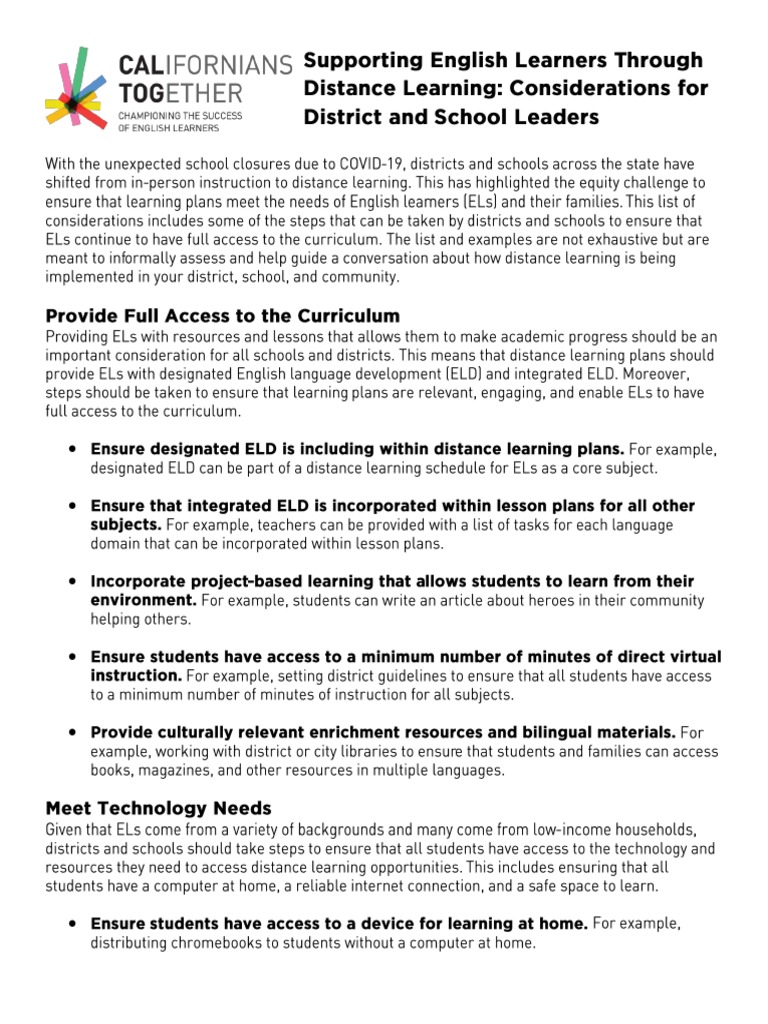 Supporting English Learners Through Distance Learning-Considerations ... Supporting English Learners Through Distance Learning-Considerations ...