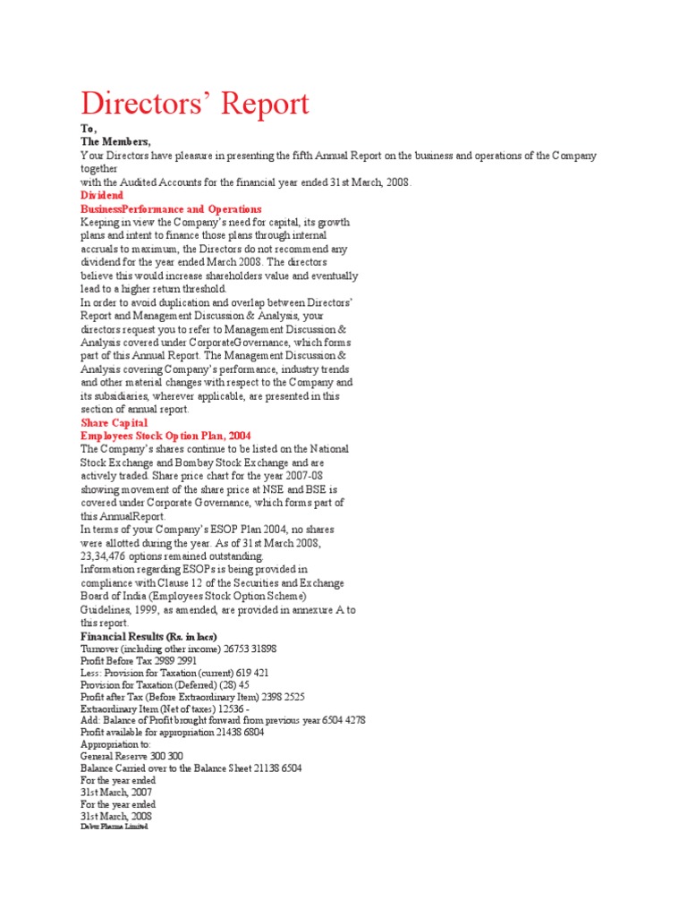 2008 Directors' Report Overview | PDF | Audit | Stocks