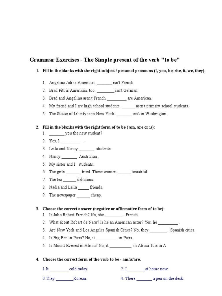 Grammar Exercises - The Simple Present of The Verb "To Be" | PDF ...