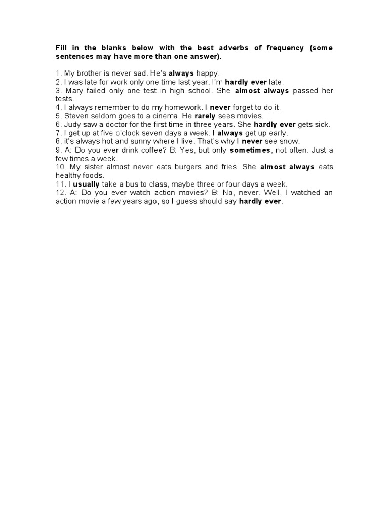 Fill in The Blanks Below With The Best Adverbs of Frequency (Some ...