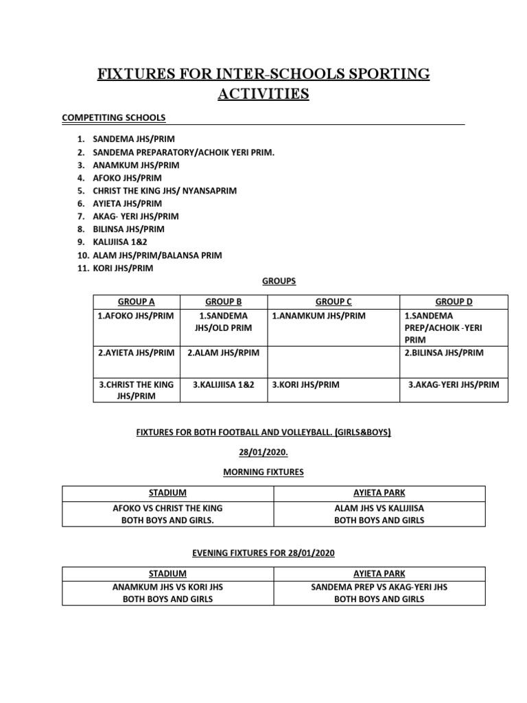 Fixtures For Inter-Schools Sporting Activities | PDF | Association ...
