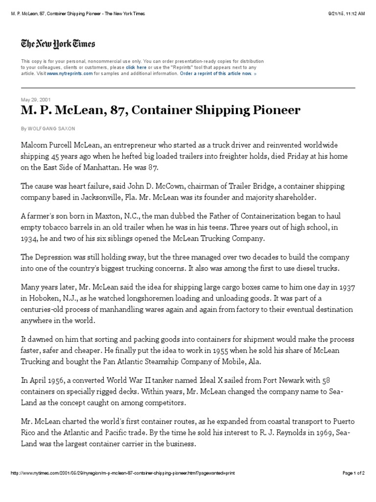 M. P. McLean, 87, Container Shipping Pioneer - The New York Times | PDF ...