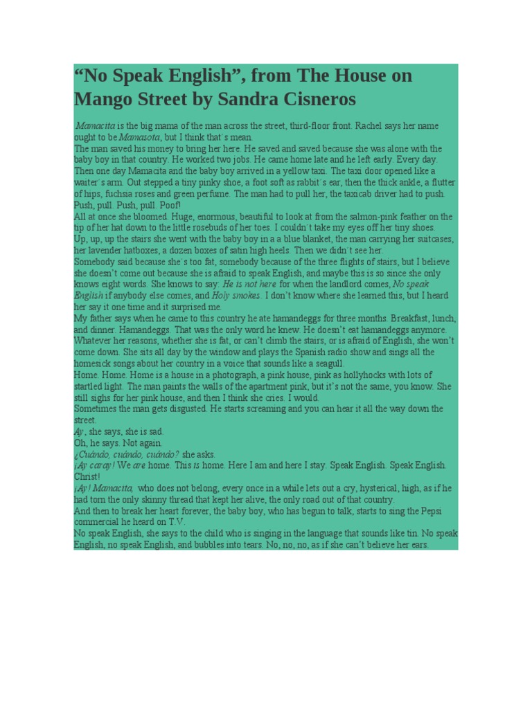 "No Speak English", From The House On Mango Street by Sandra Cisneros | PDF