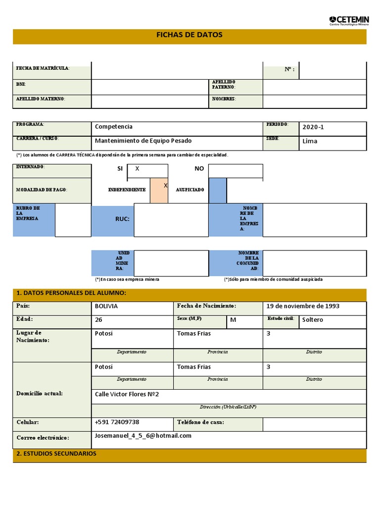 Ficha de Datos Del Estudiante Editable | PDF | Business