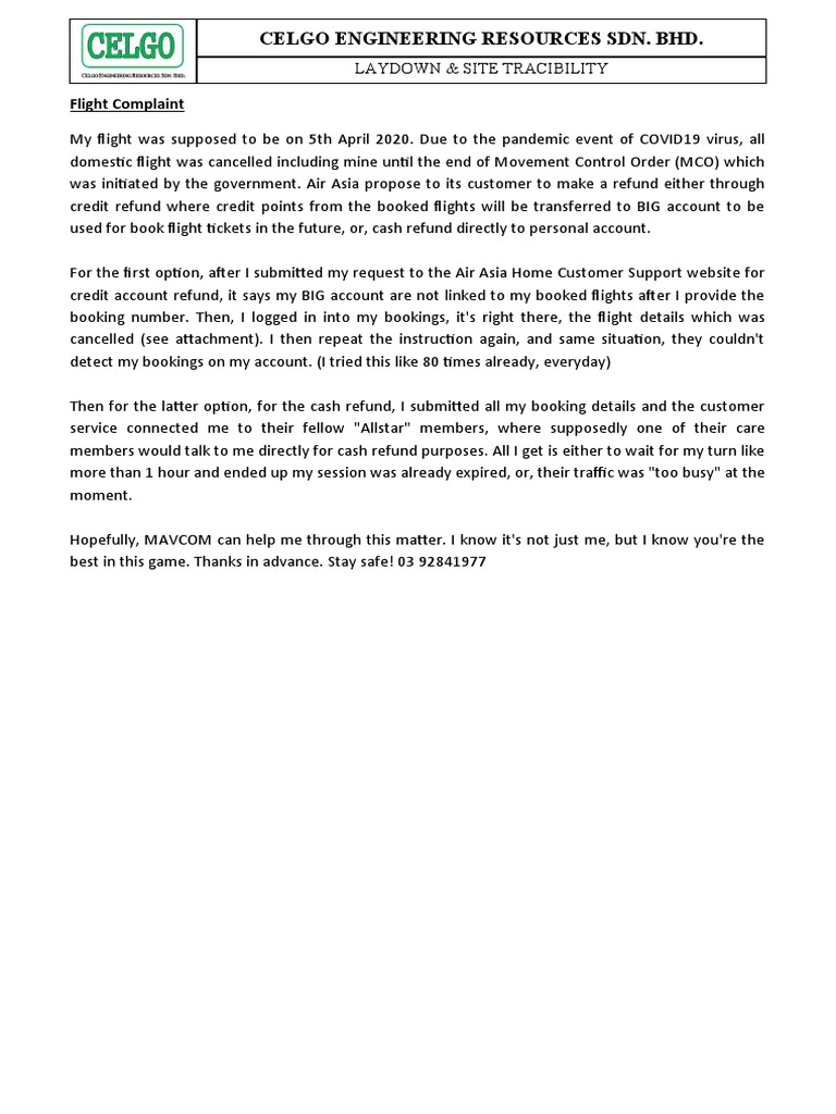 Celgo Engineering Resources Sdn. BHD.: Flight Complaint | PDF | Business