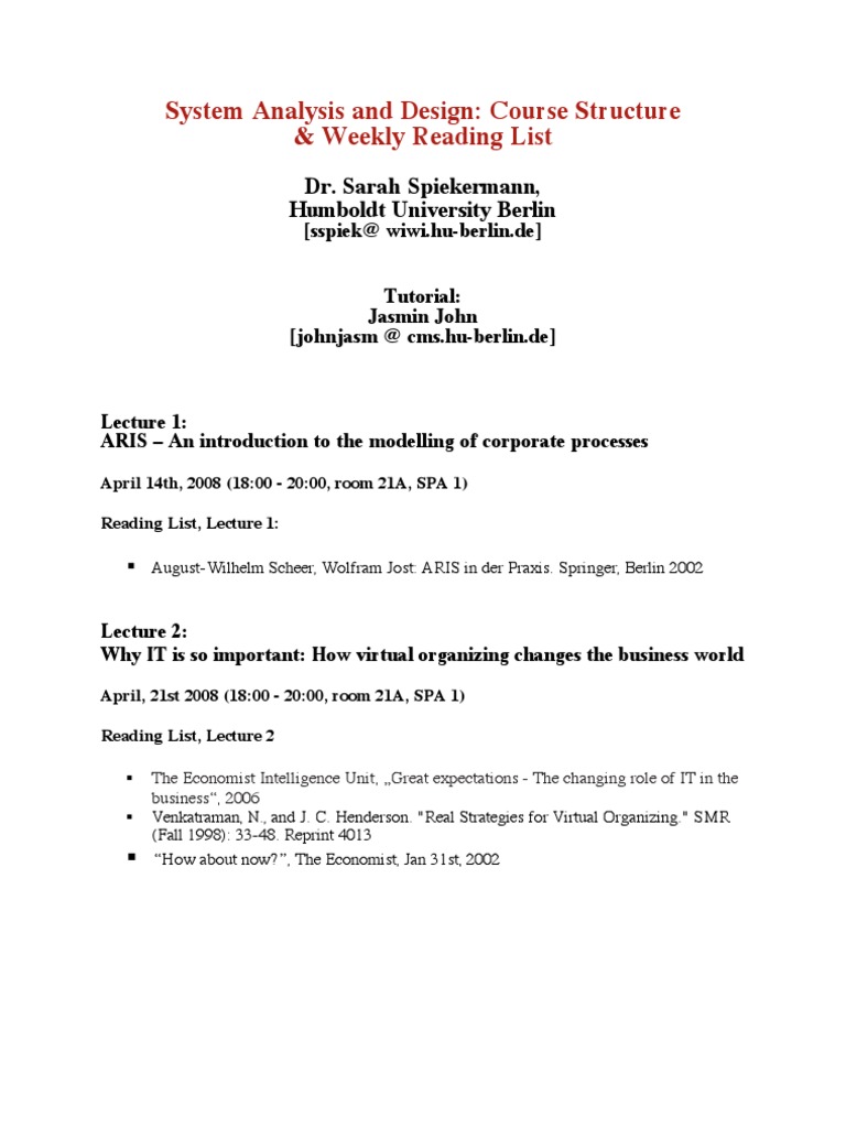 System Analysis and Design: Course Structure & Weekly Reading List ...