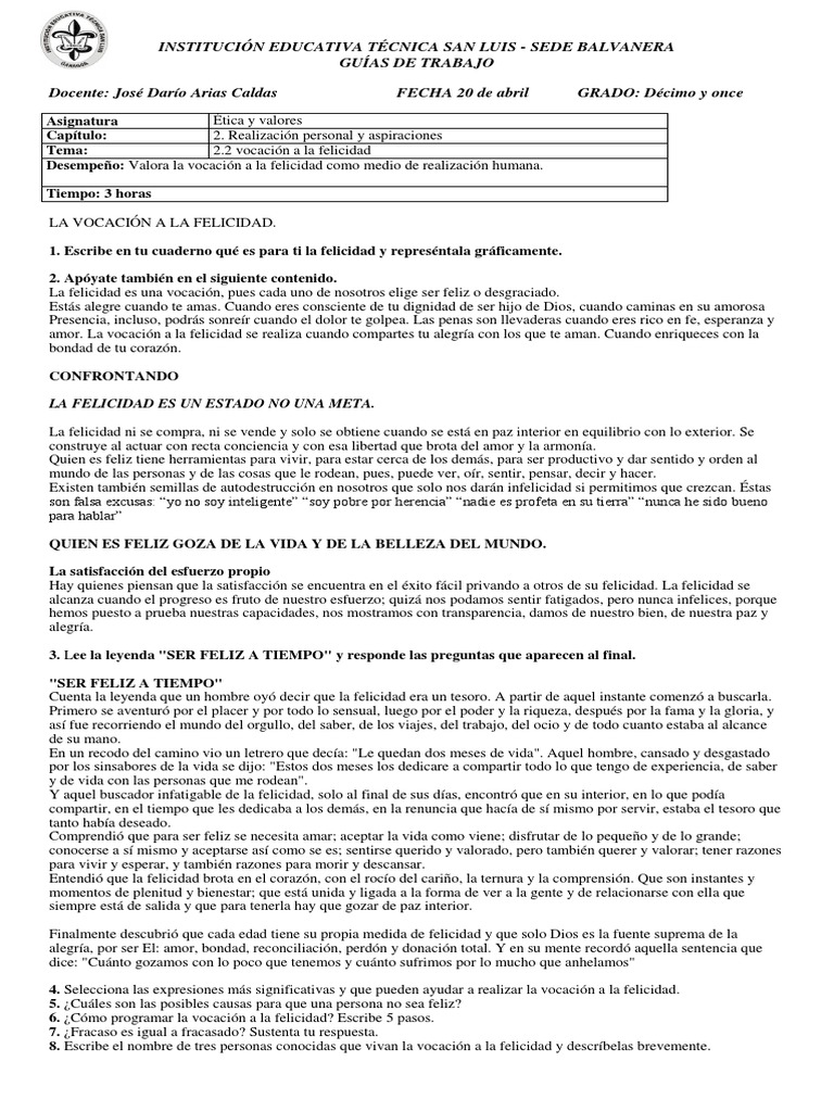 Guia Etica Decimo Once | PDF | Felicidad | Amor