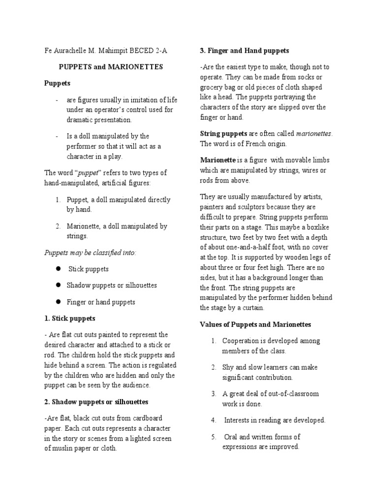 Puppets and Marionettes Hand Outs | PDF | Puppets | Puppetry