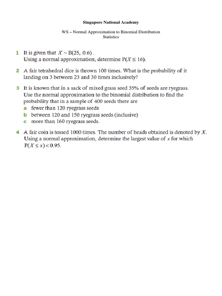 WS - Normal Approximation To Binomial Distribution | PDF