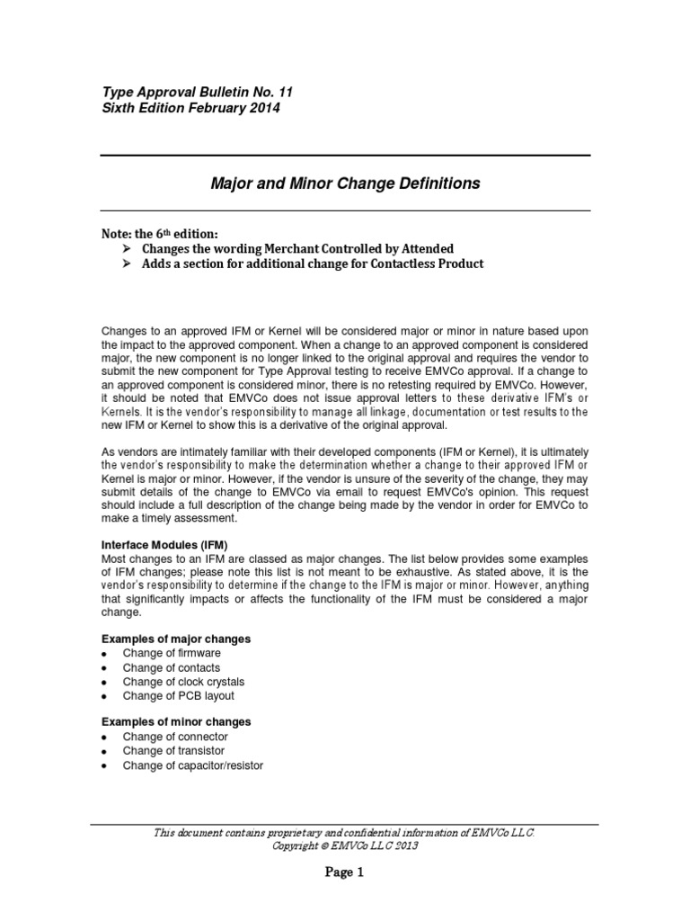 Major and Minor Change Definitions: Type Approval Bulletin No. 11 Sixth ...
