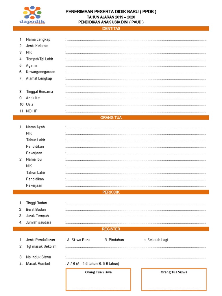Formulir Pendaftaran Siswa PAUD TK KB TPA DOC Tahun Ajaran 2019 2020 - WWW - Dapodik.co - Id | PDF