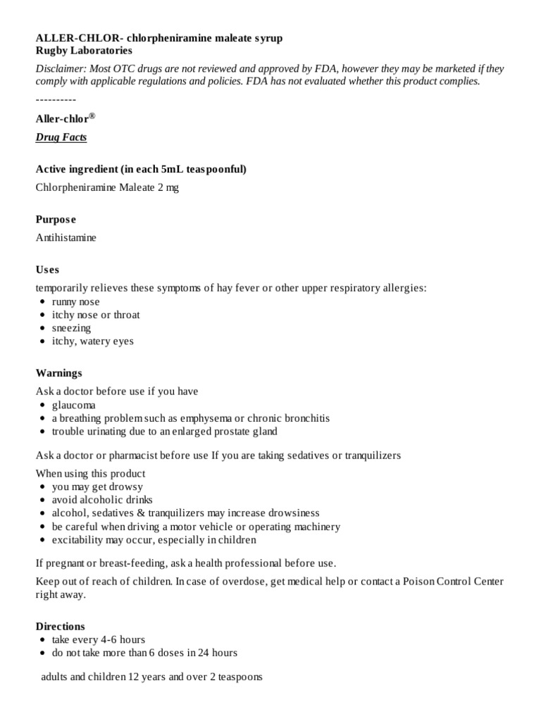 Drug Facts: ALLER-CHLOR-chlorpheniramine Maleate S Yrup Rugby ...