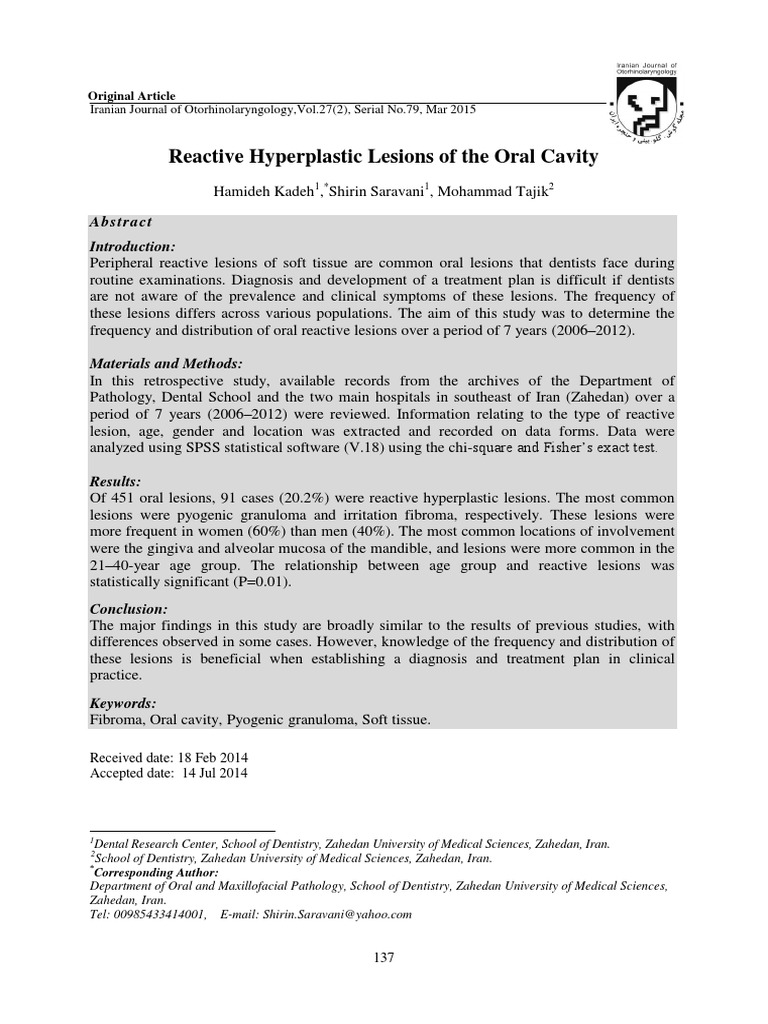 Reactive Hyperplastic Lesions of The Oral Cavity | PDF | Mouth | Medicine