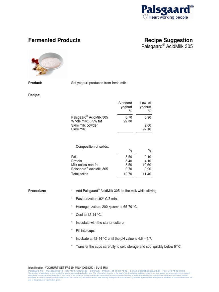 Set Yoghurt Produced From Recombined Milk With Palsgaard Acidmilk 305 PDF | PDF | Yogurt | Milk