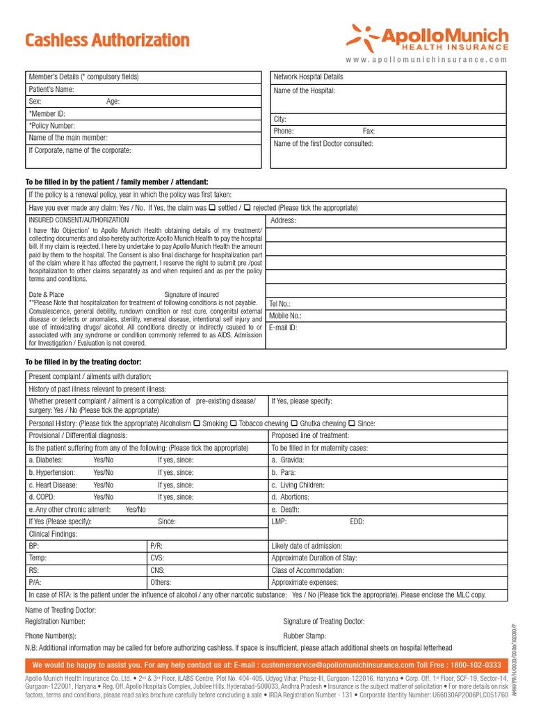 Cashless Authorisation Requisition Form | PDF | Hospital | Patient