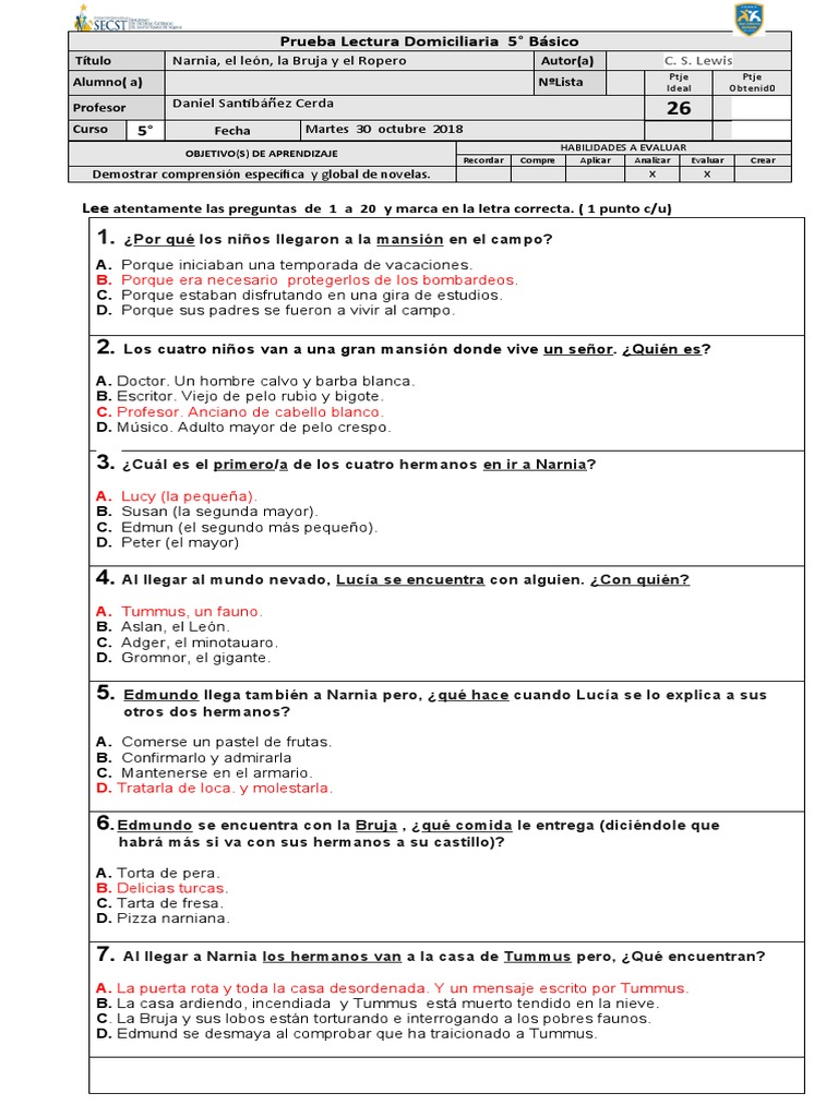 Prueba 5° Octubre Narnia I, El León, La Bruja y El Ropero. | PDF | Aslan