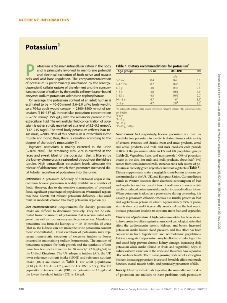Potassium: Nutrient Information | PDF | Potassium | Diet & Nutrition