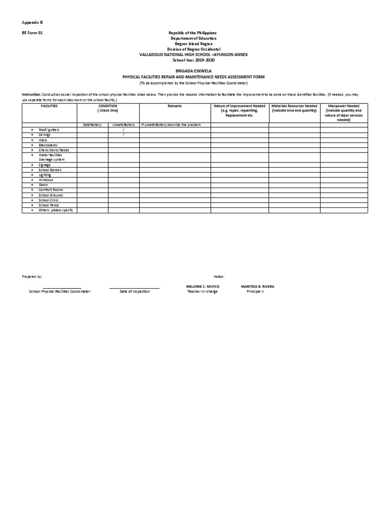 Brigada Eskwela Needs Assessment Forms | PDF