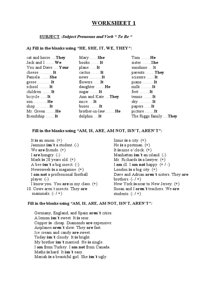 Subject Pronouns & Verb "To Be" Worksheet | PDF | Lunch | Drink