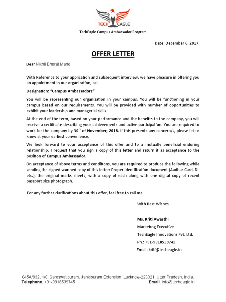 TCAP Offer Letter - Nikhil Bharat Mane | PDF