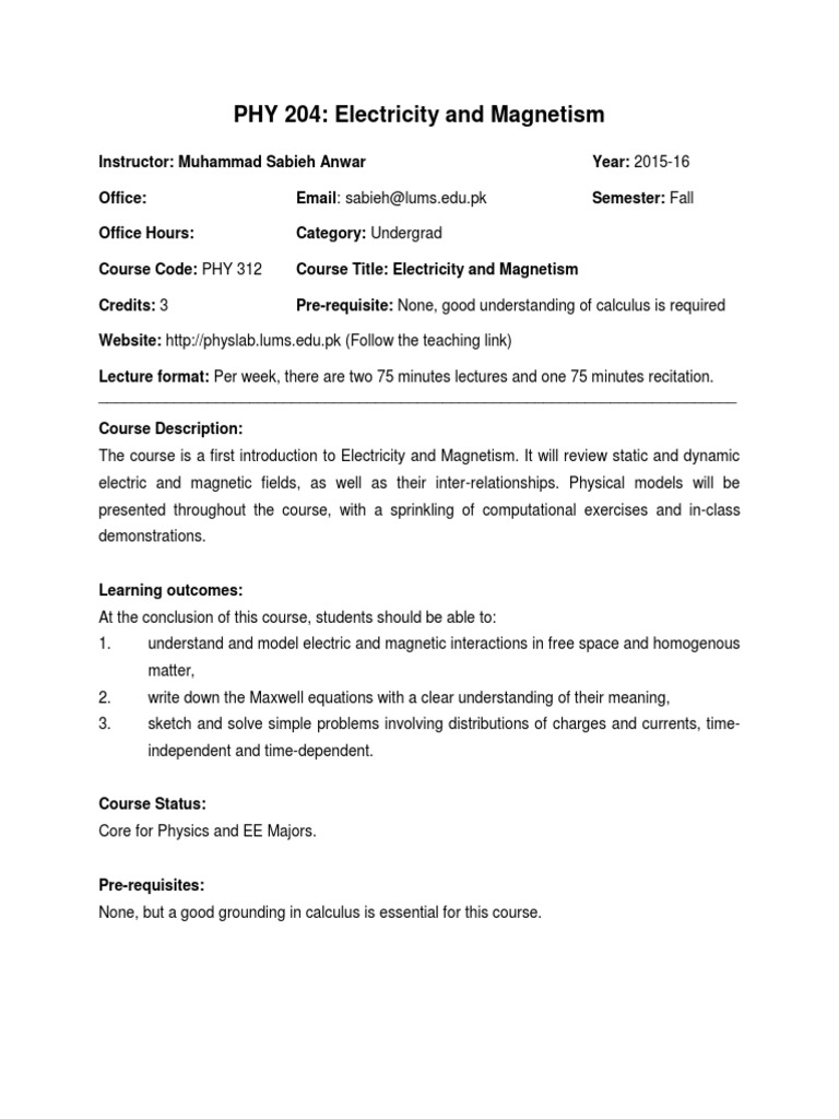 PHY 204-Electricity and Magnetism-Muhammad Sabieh Anwar | PDF | Maxwell's Equations | Electricity