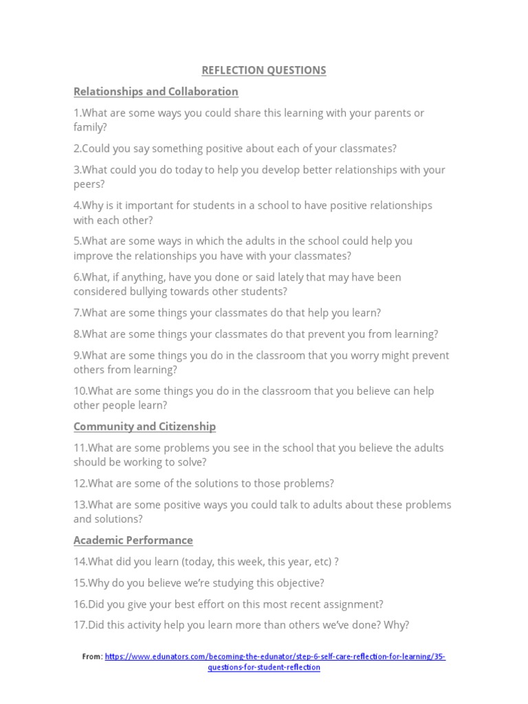 Reflection Questions Relationships and Collaboration: From | PDF ...
