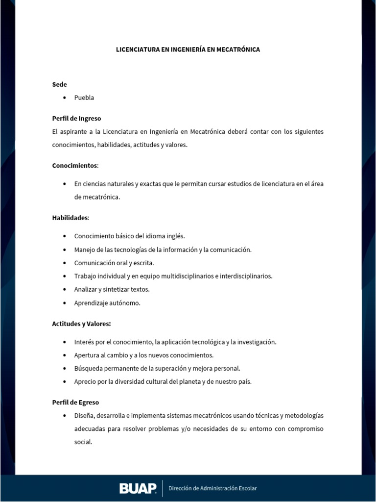Licenciatura en Ingeniería Mecatrónica BUAP | PDF | Mecatrónica ...