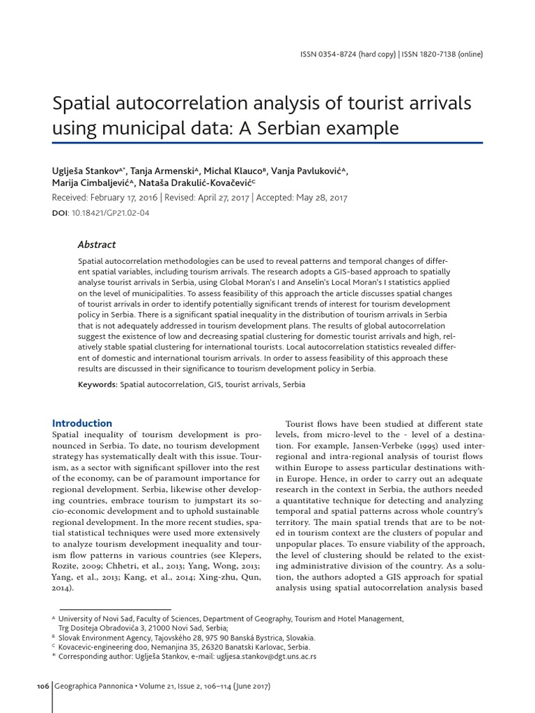 Spatial Autocorrelation Analysis of Tourist Arriva | PDF | Spatial ...