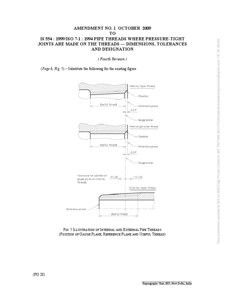 Amendment No. 1 October 2009 TO Is 554: 1999/iso 7-1: 1994 Pipe Threads ...
