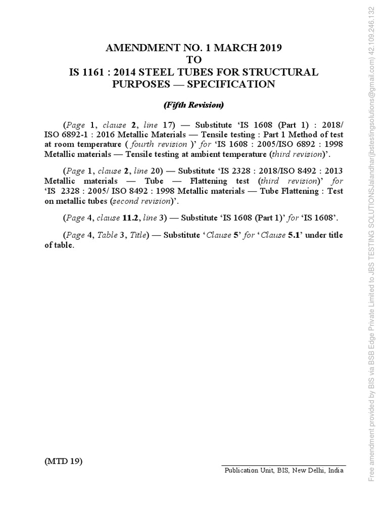 Amendment No. 1 March 2019 TO Is 1161: 2014 Steel Tubes For Structural ...