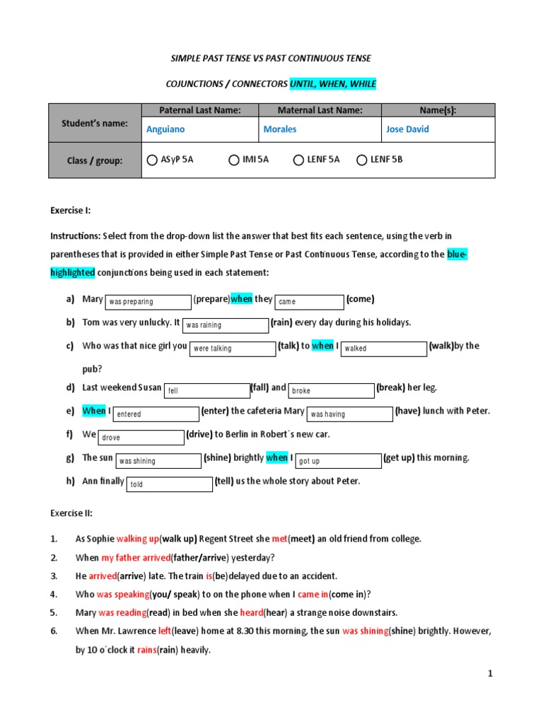 Simple Past Tense Vs Past Continuous Tense Conjunctions Until While