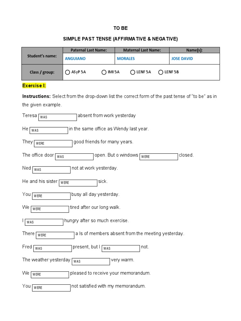 Simple Past Tense (To Be - Affirmative & Negative Form) | PDF ...