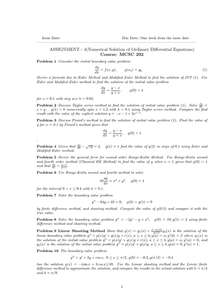 ASSIGNMENT - 4 (Numerical Solution of Ordinary Differential Equations) Course: MCSC 202 | PDF ...