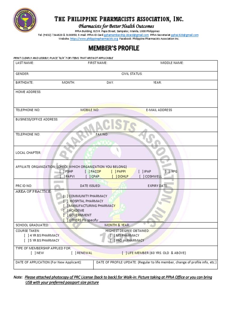 PPhA Membership (Members Profile) Form | PDF | Pharmacy | Pharmaceutical